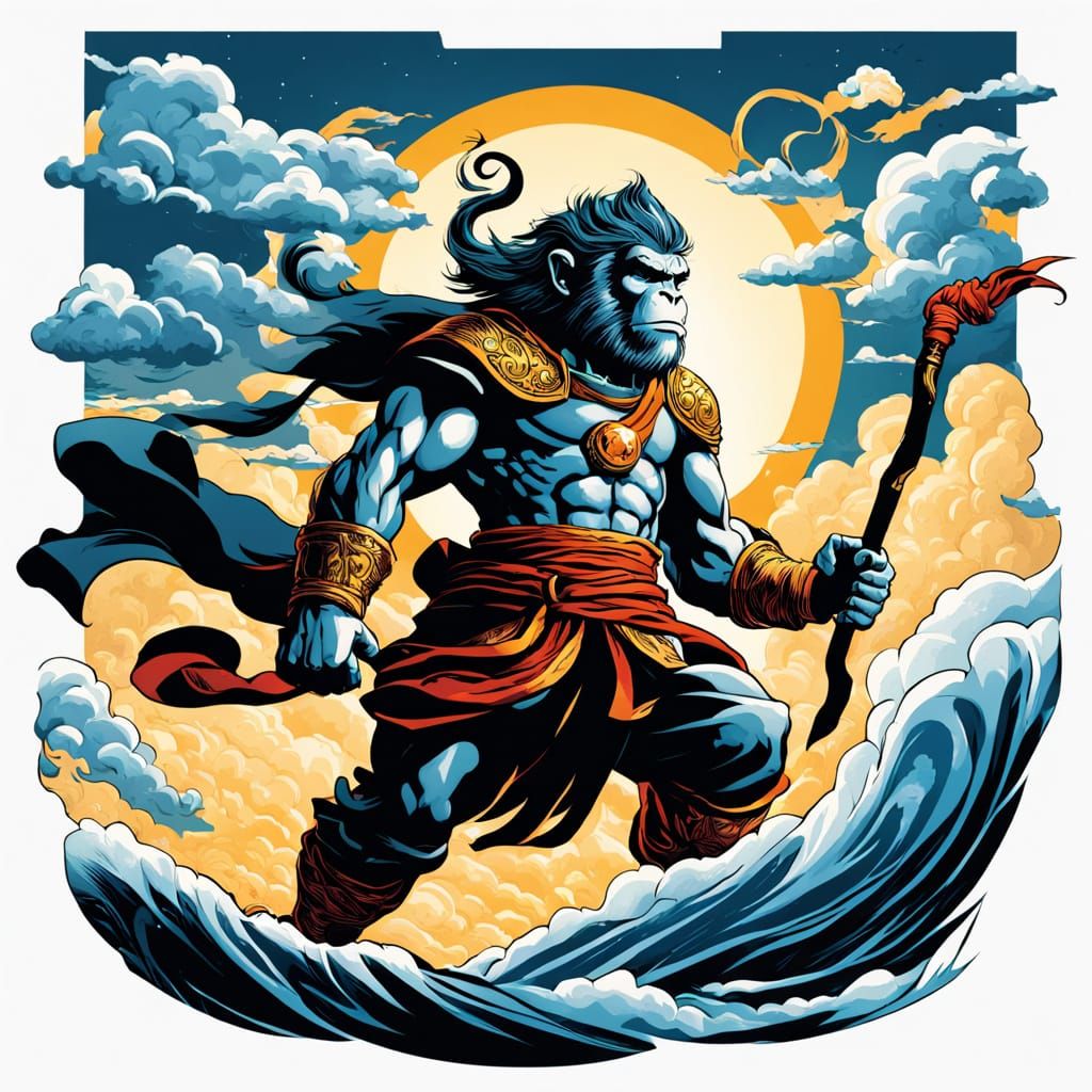 Monkey King lying on a nimbus cloud, swiftly away above waters oceans ...