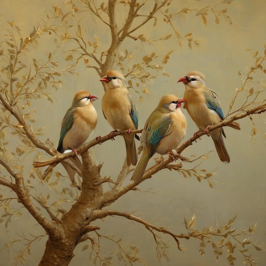Surreal Masterpiece: Four Colly Birds in Warm Rena... - AI Art