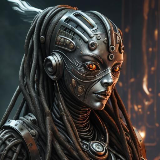 a close-up metallic mummy patched clay and wire sculpture with weird ...