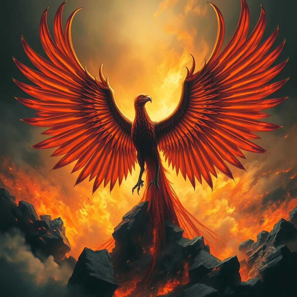 Surreal Phoenix in Fiery, Darkly Beautiful, Mythol... - AI Art