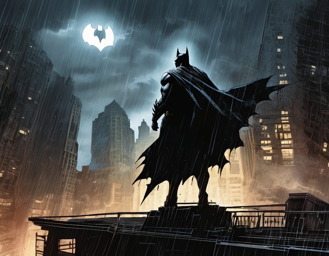 INK DRAWING - A dramatic ink drawing of Batman perched on a towering ...