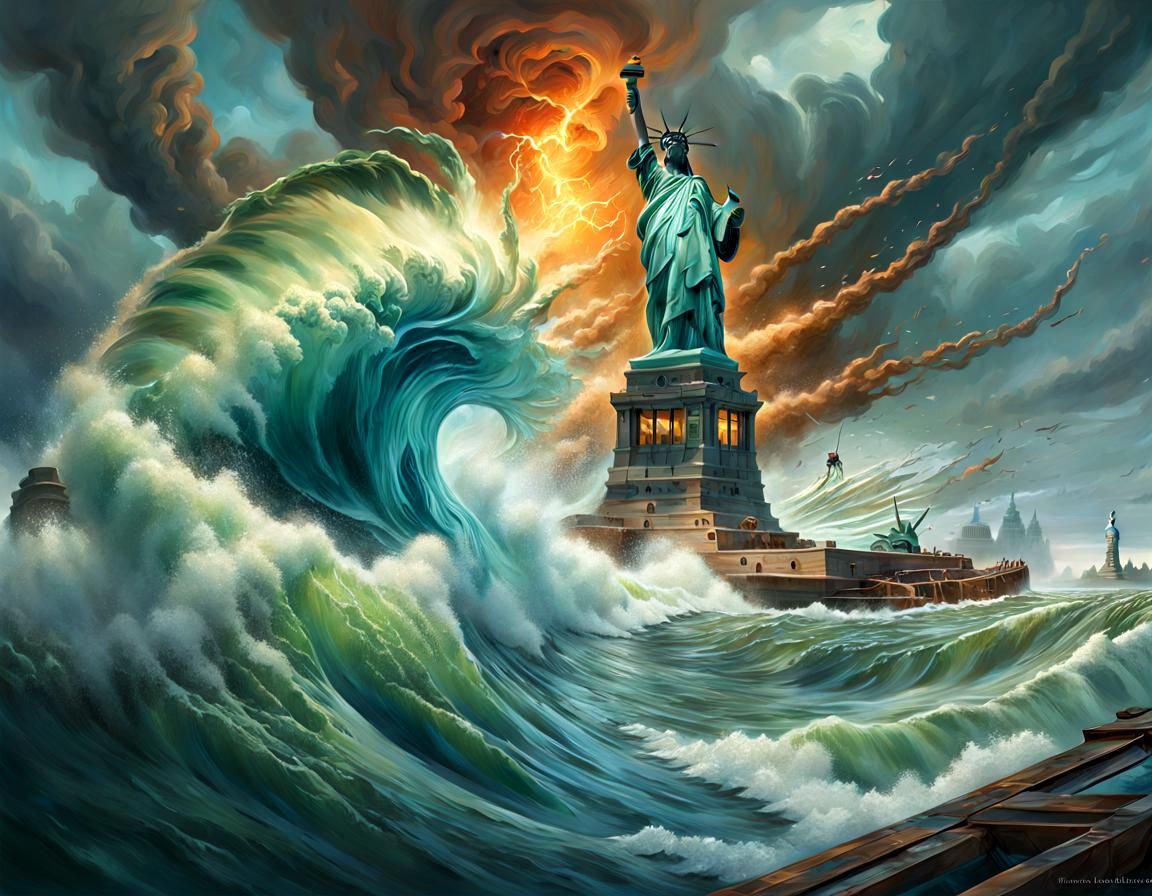 Even a tidal wave hesitates when faced with the Statue of Liberty - AI ...