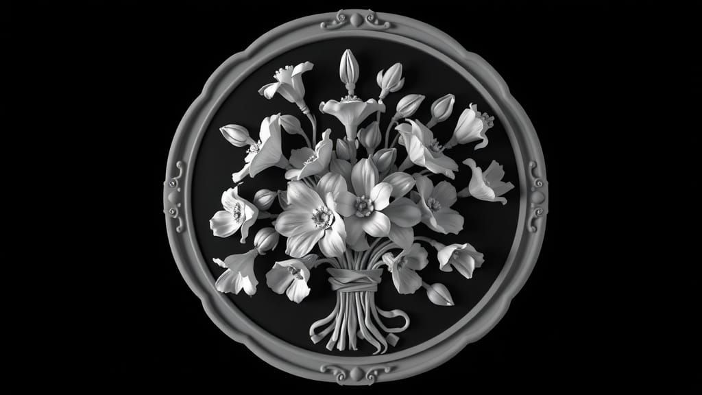 3d rococo relief, depth map, front view orthogonal, grayscale, no shadows, no light, no angle ...