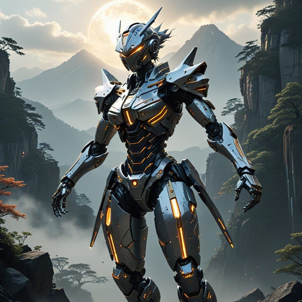 Elegant Samurai Mecha Soars into Flight amidst Jap... - AI Art