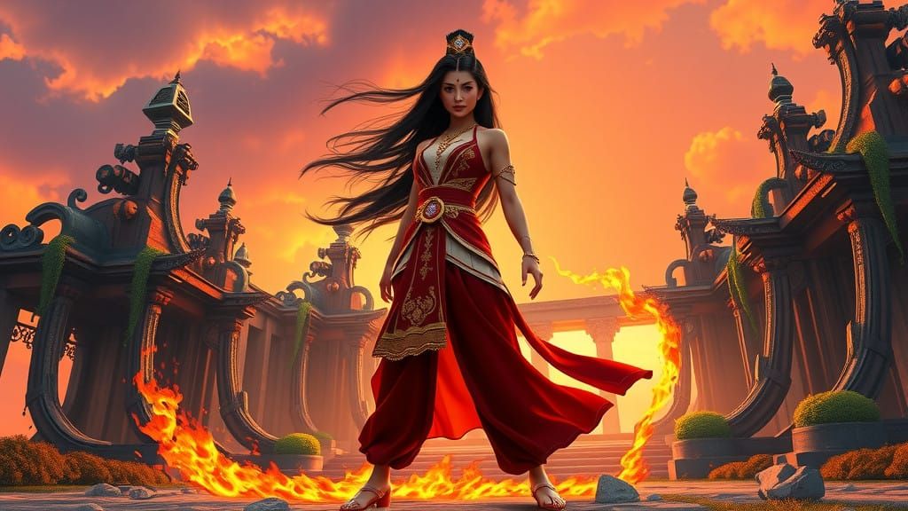 the fire nation princess, standing heroically with flames dancing ...