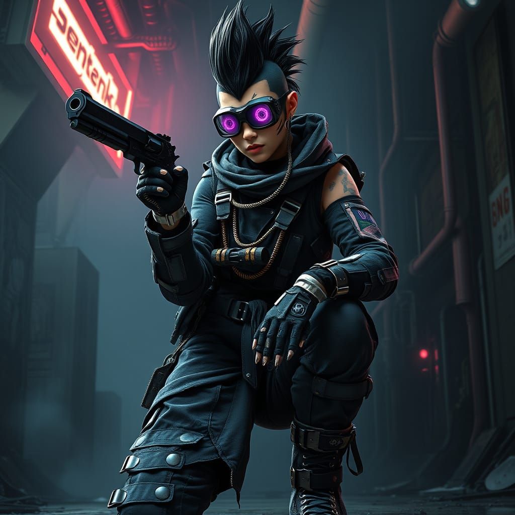Androgynous punk style Mech scavenger and hacker with a bold, black ...