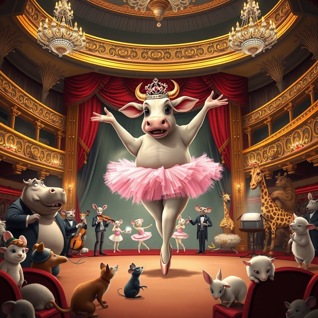 Cow in Ballet Tutu Performs En Pointe in Whimsical... - AI Art