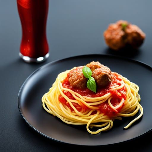 /imagine photorealistic image of spaghetti on a black plate with ...