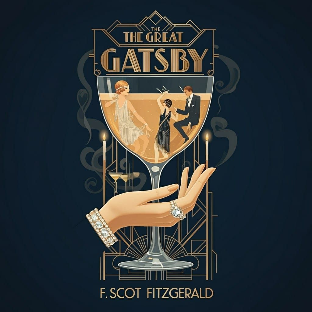 "A luxurious, vintage-inspired book cover for F. Scott Fitzgerald's The Great Gatsby, rendered ...