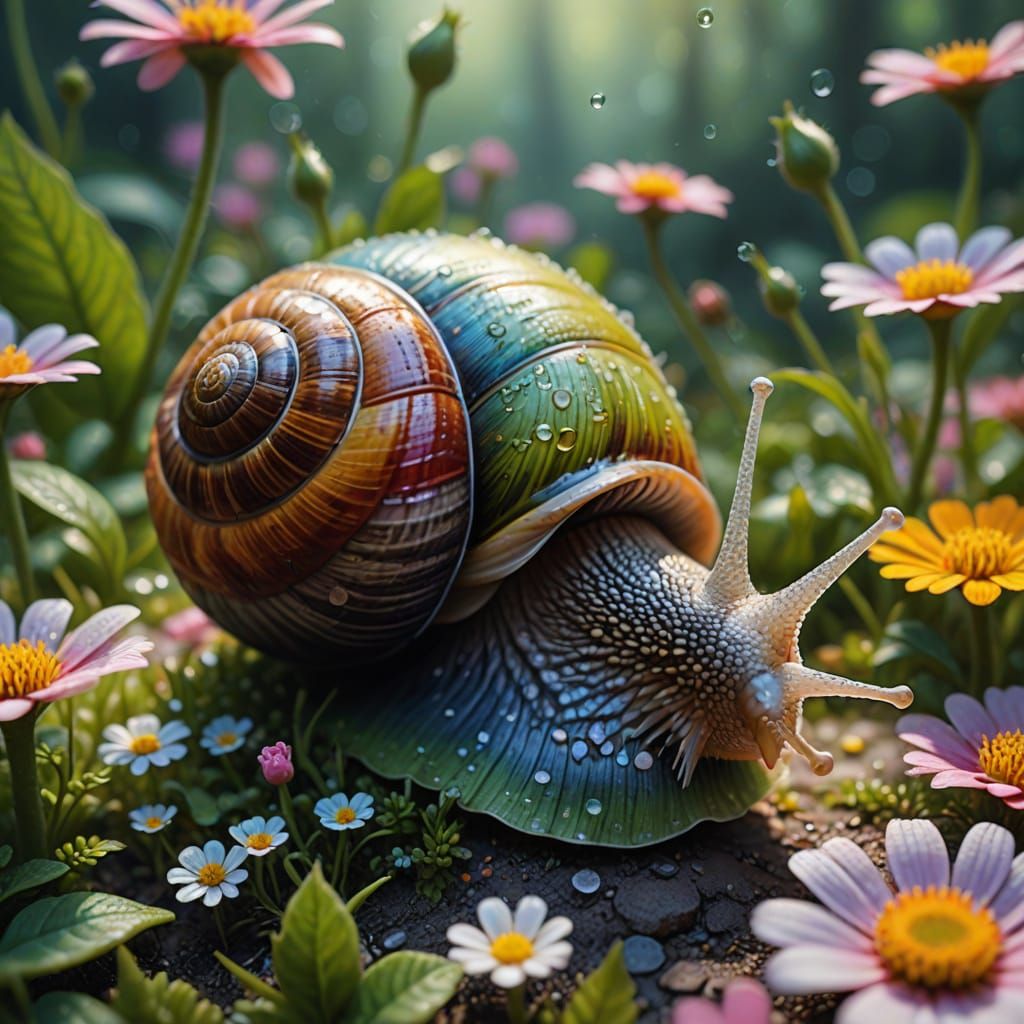 Hyper-Realistic Snail Blooms in Misty Garden - AI Art
