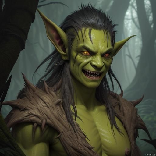 Bright Yellow skin. Male Goblin. Long pointed ears. Snarling with long ...