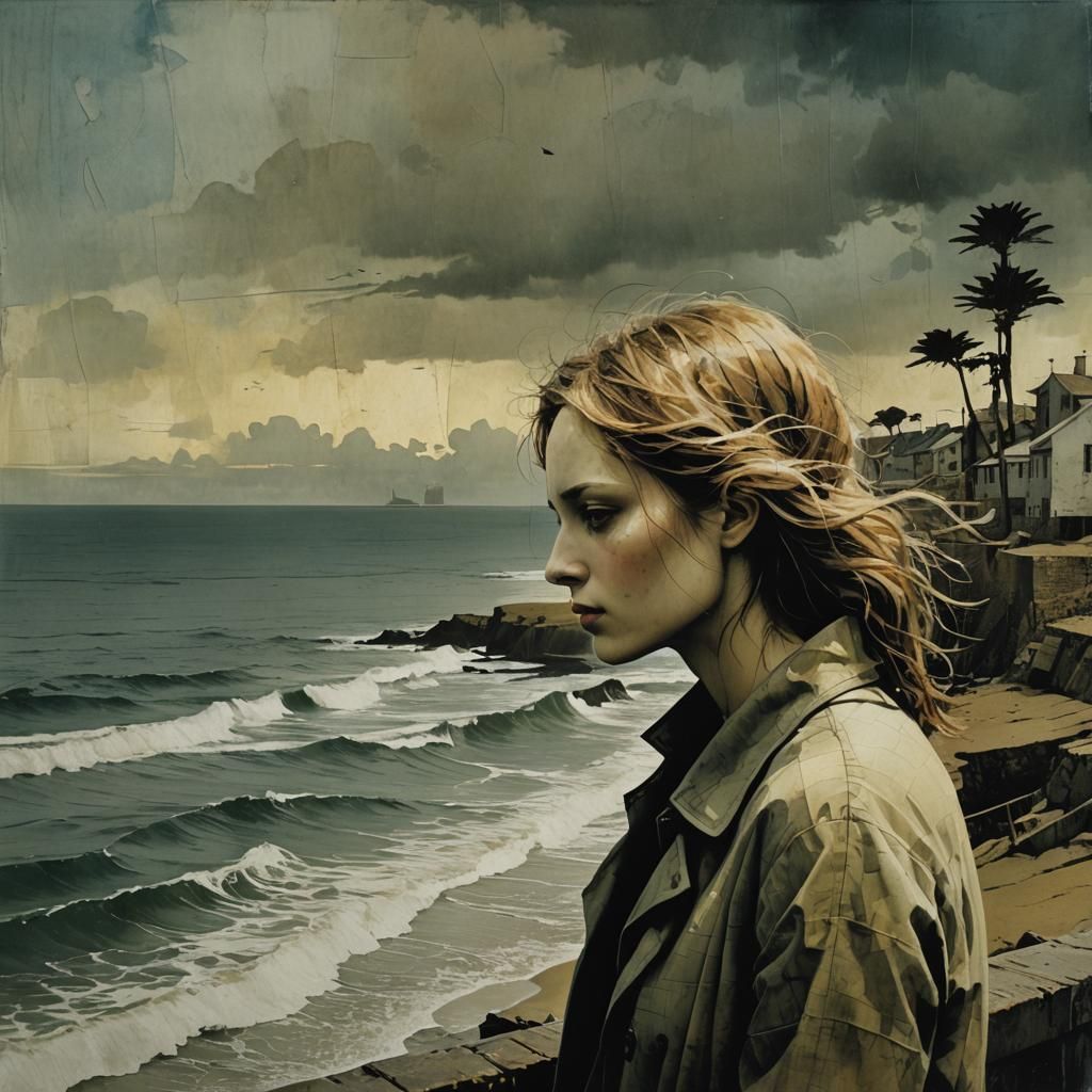 Young woman looking at the sea; possibly sad atmosphere - AI Generated ...