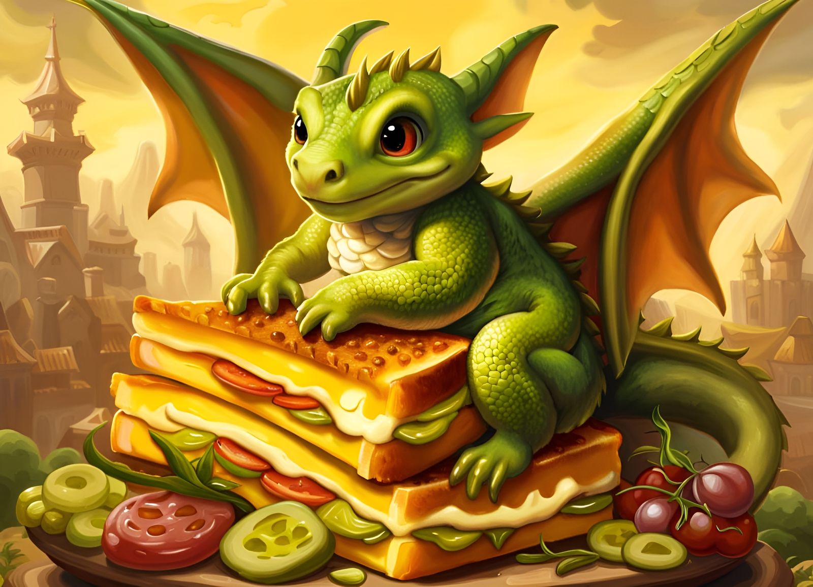 Grilled cheese and pickle sandwich - with a dragon guardian - AI ...