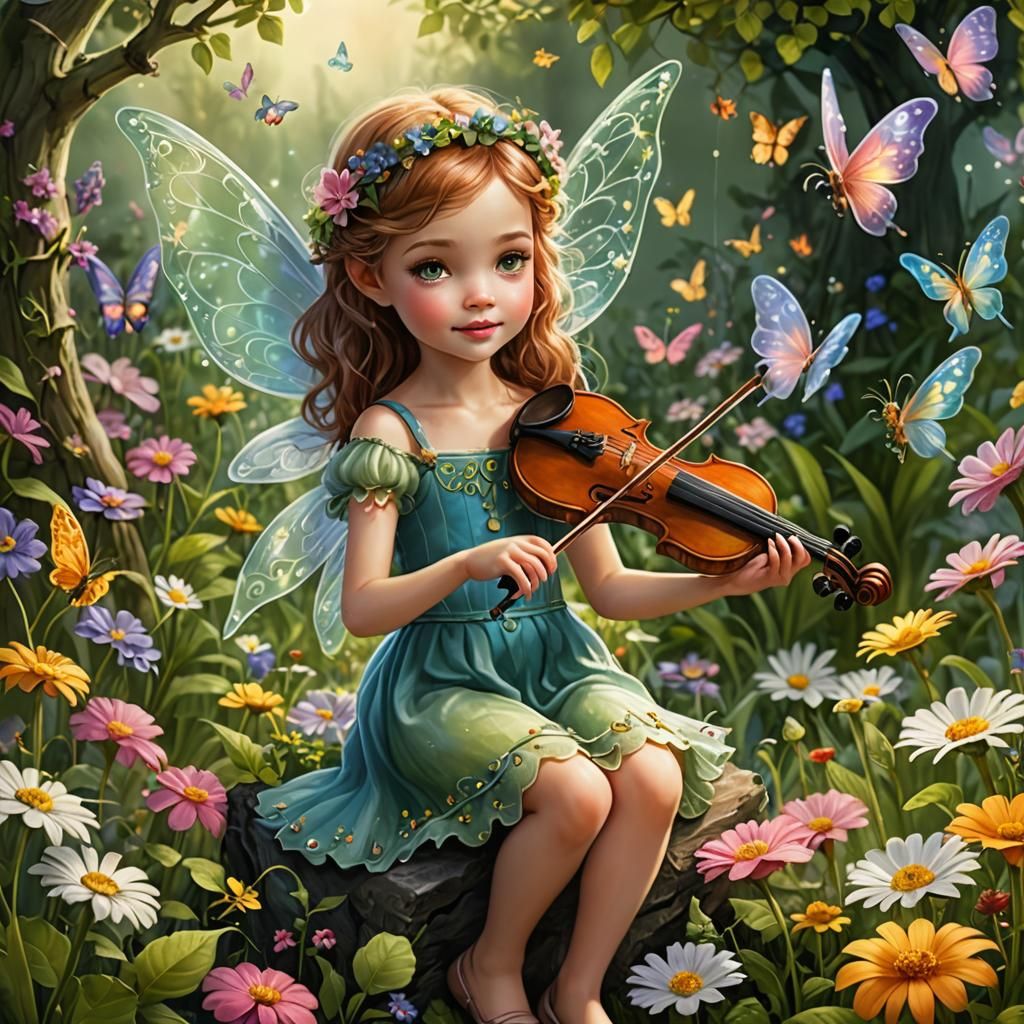 pretty little fairy playing a violin with other fairies in the garden ...