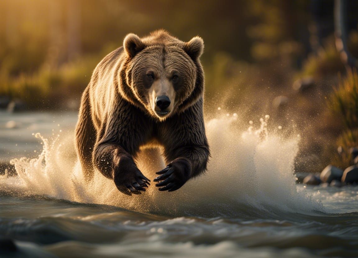 super action shot of grizzly bear running through a fast river, wide ...