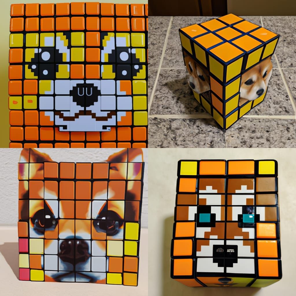 A Rubik's cube with a DOGECOIN Shiba inu face on each square cube tile all sides each piece - AI ...