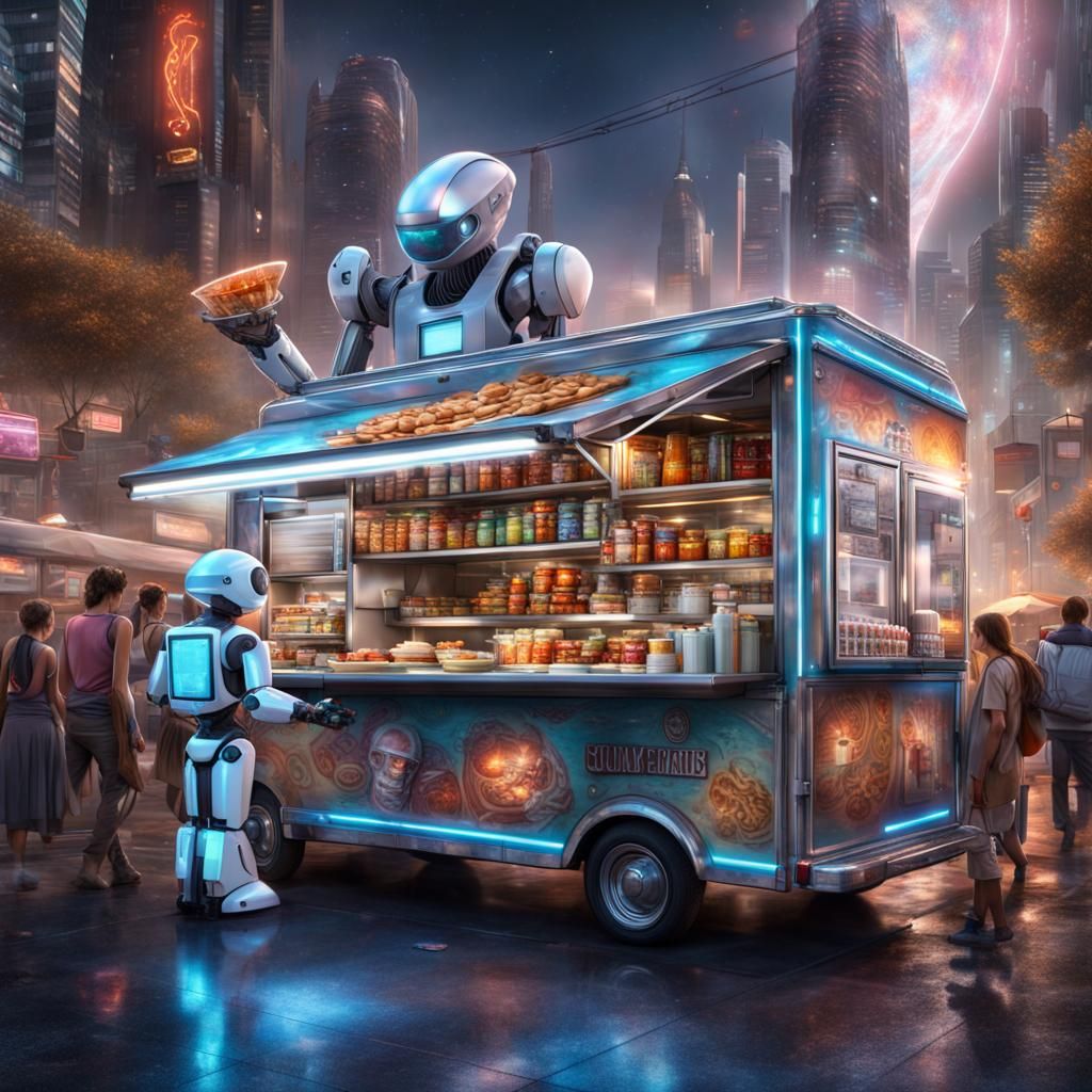 A food truck with a robotic vendor in the year 2300 selling cosmic ...