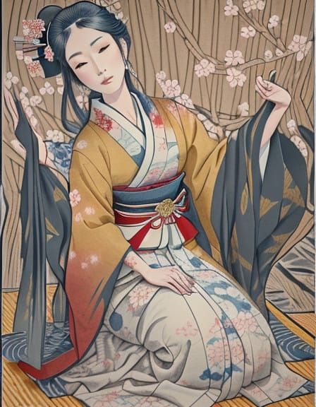 Traditional Japanese ink art on aged paper of a geisha kneeling holding ...