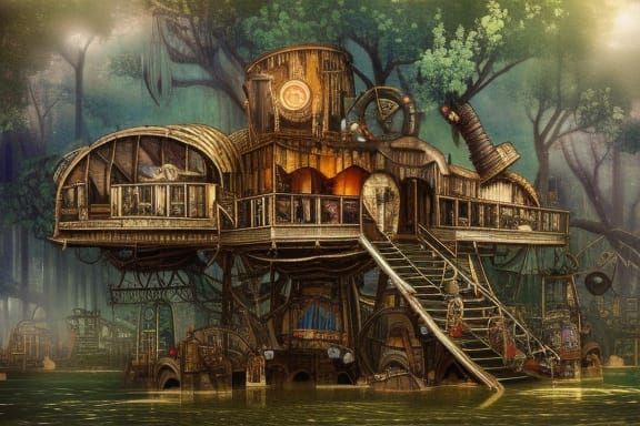 Complex elaborate junkyard architecture, multilevel saloon treehouse ...
