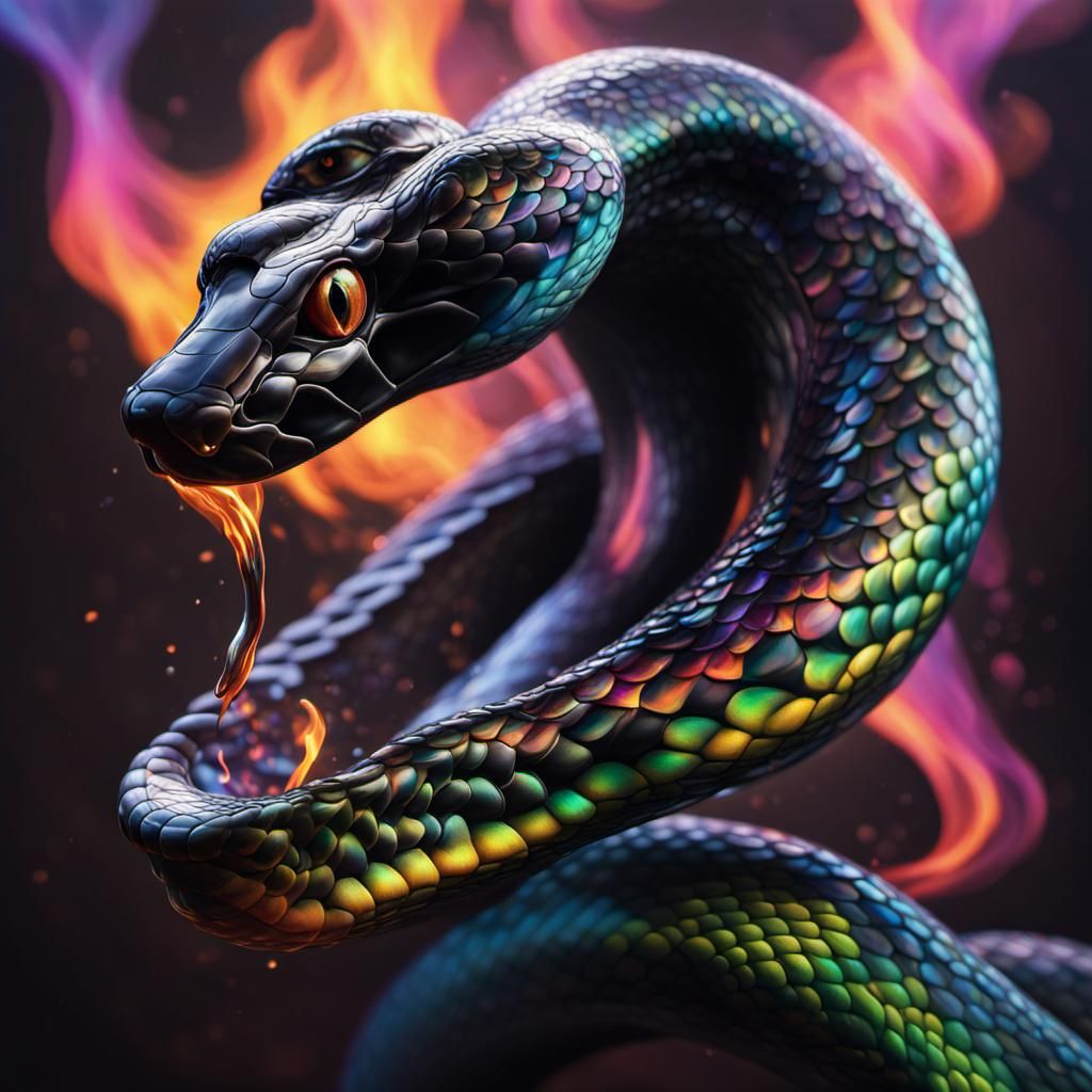 cobra viper python, black and iridescent prismatic rainbow flames - AI ...