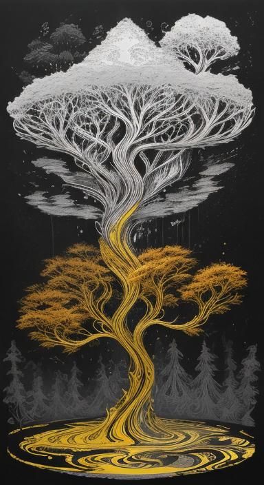 autumn forest landscape, psychedelic style, white monochrome, swirling ...