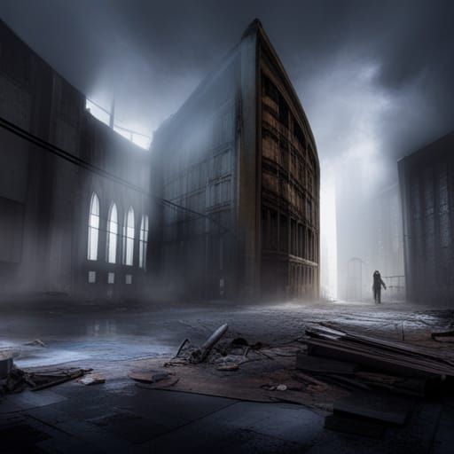 scary vacant abandoned warehouse full of ghostly figures throughout ...