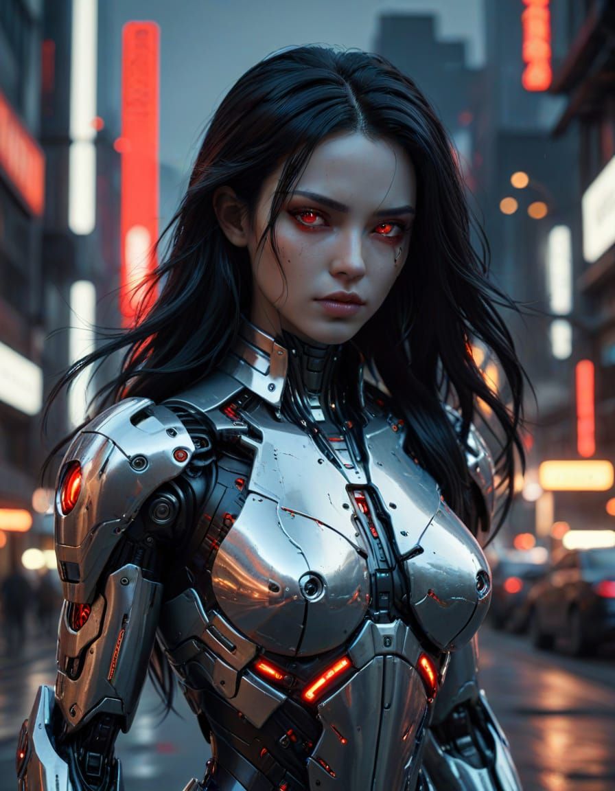 …gynoid with cyberpunk background - realistic…