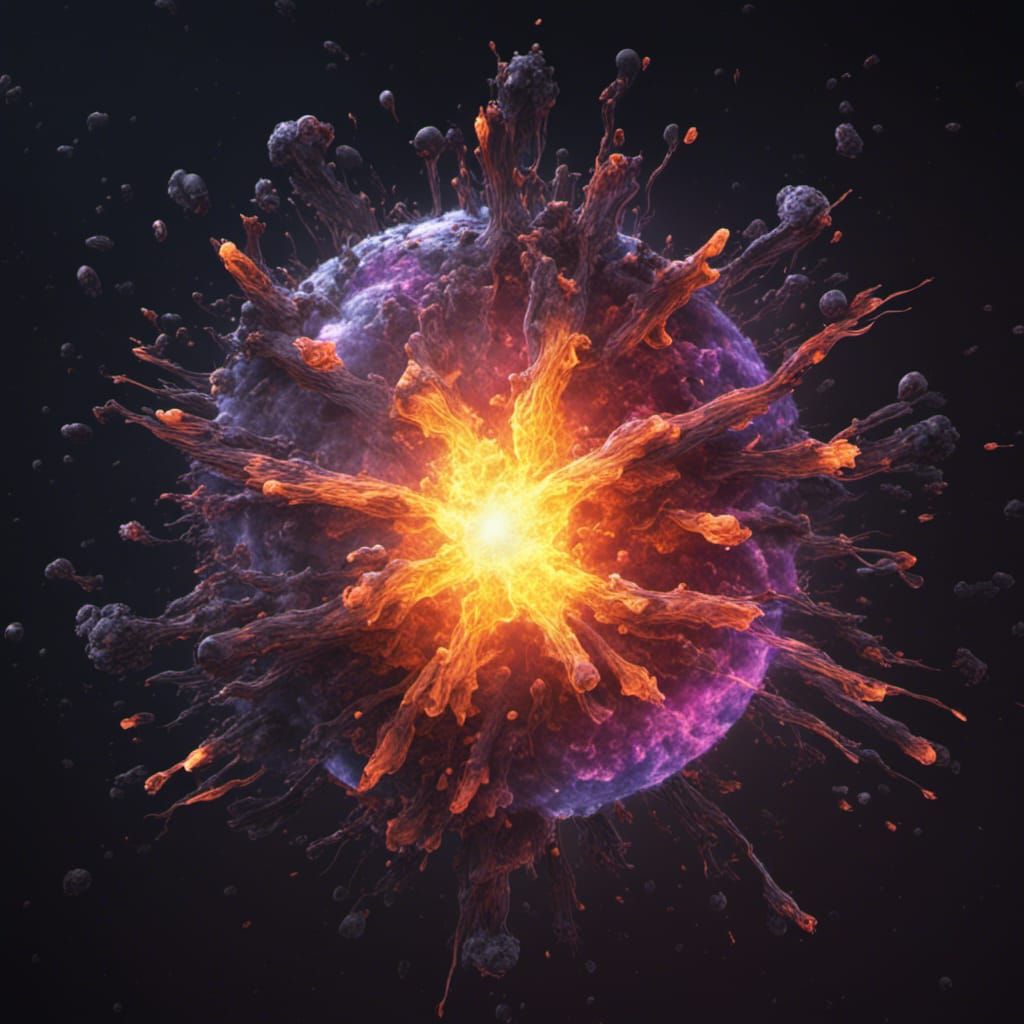 nuclear fusion: bright, colourful, realistic particles; pitch black ...