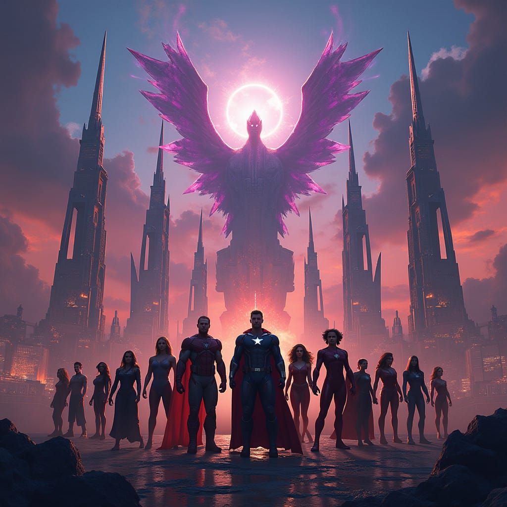 Marvel Heroes Assemble in a Vibrant Fantasy Citysc... - AI Art