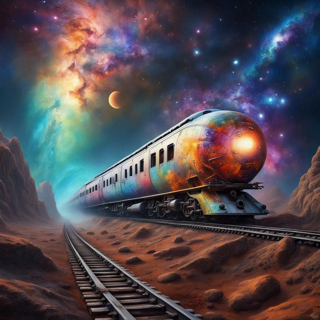 paint whimsical space train going through space galaxy stars nebula, by ...