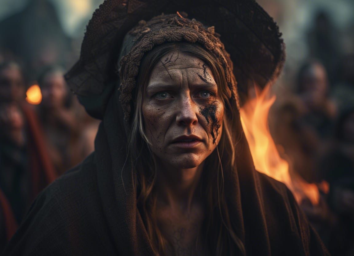 Witchery! Witch crying and burning in bonfire crowd watching1400 AD ...