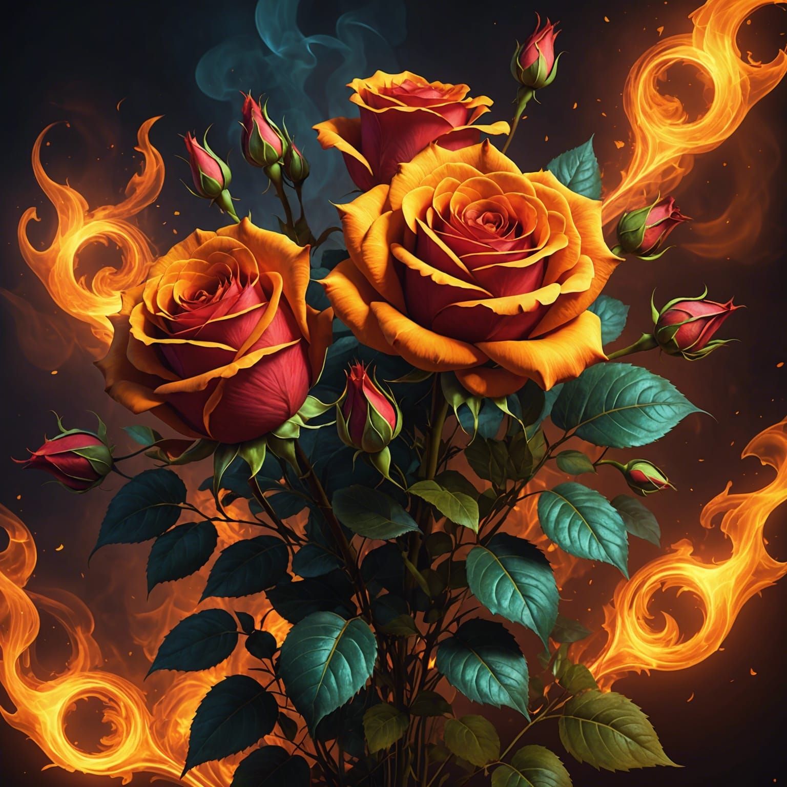 Roses In Bloom On Fire - AI Generated Artwork - NightCafe Creator