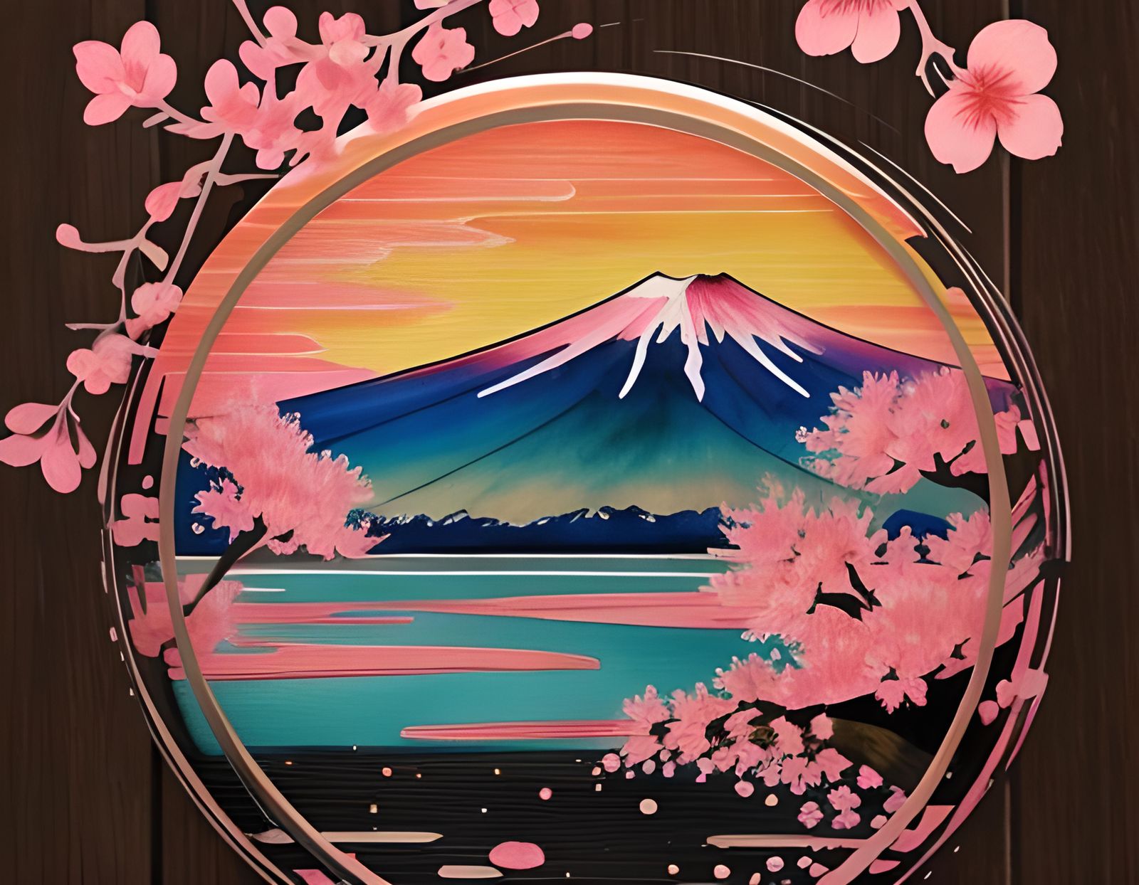 vaporwave cherry blossom mt fuji fireflies pink orange metallic reds ...
