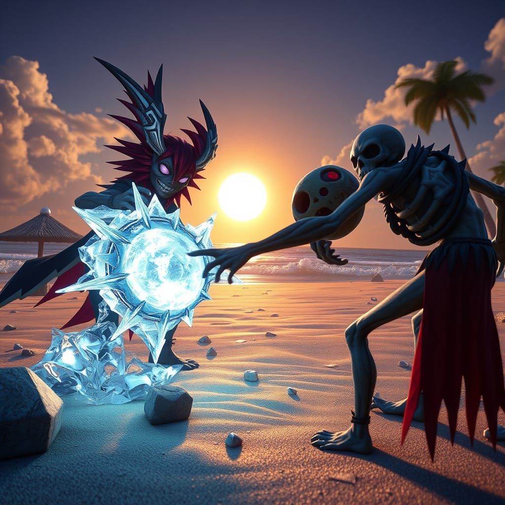 Ice-magic zombie practices its attacks in a sparring match with its master.