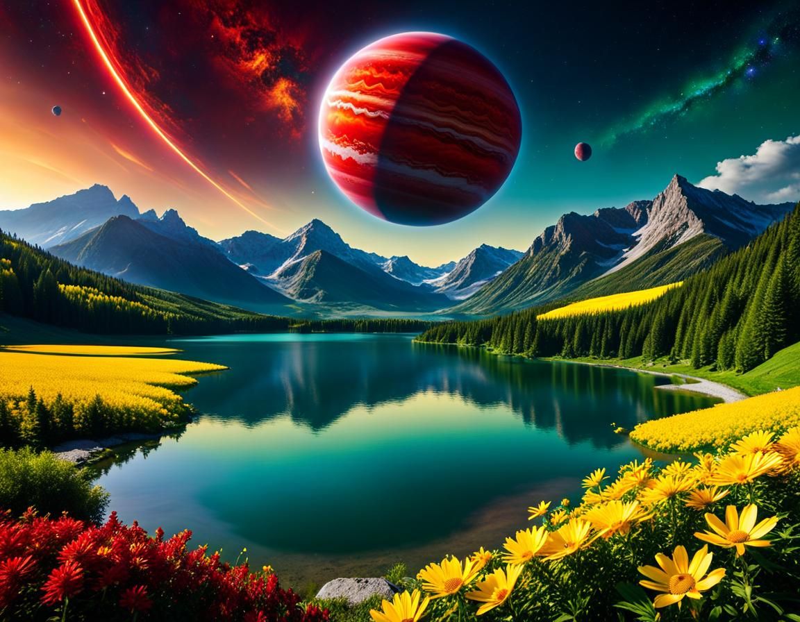 a giant BRIGHT RED Jupiter planet, overlooking a mountain, stunning ...