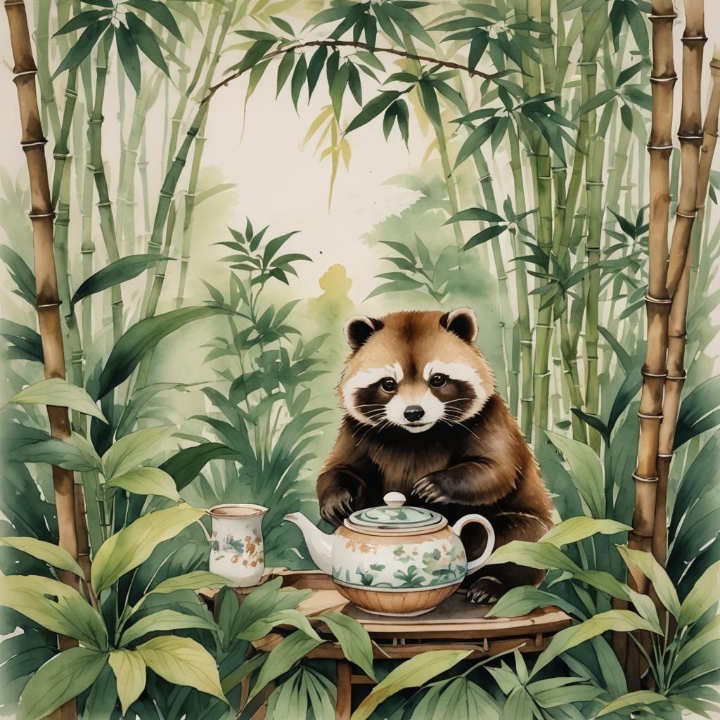 Traditional Japanese watercolor painting of a Tanuki drinking from a ...