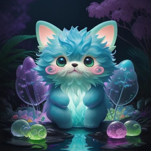 adorable cute chibi baby furry Puppy with a bioluminescent Waterfall in ...