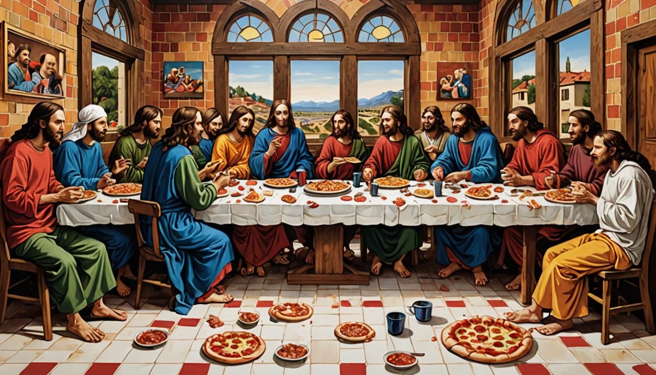 Sacrilicious! The Last Supper at Pizza Hut, by Da Vinci. Mmmmm - AI ...