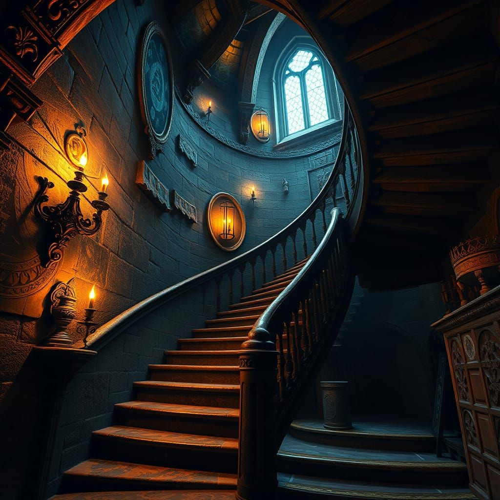 Ethereal Spiral Staircase in Medieval Castle - AI Art