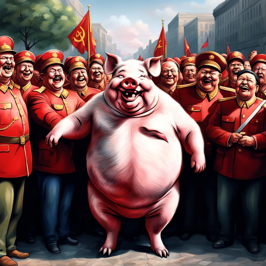 ultra realistic anthropomorphic very fat ugly pig dressed as communist laughing looking at ...