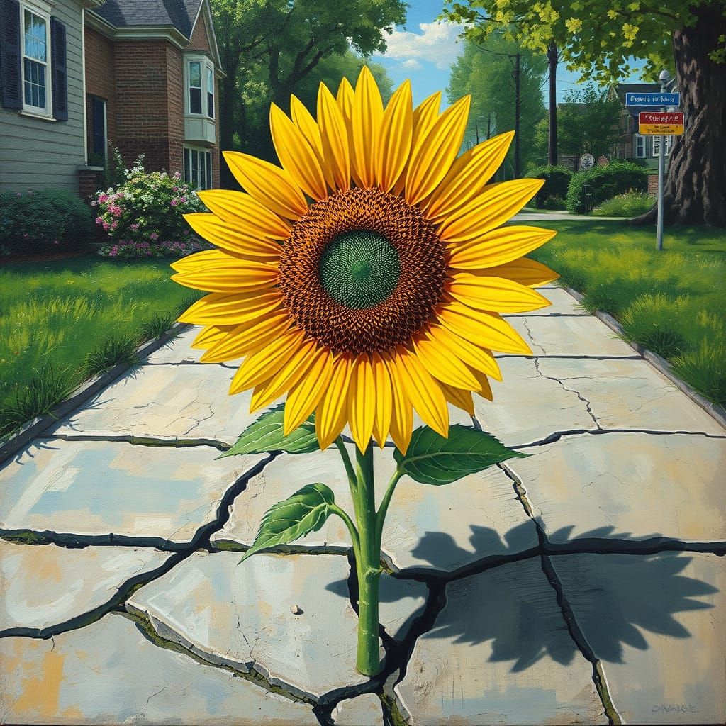 A sunflower grows through a cracked sidewalk in a surrealist painting