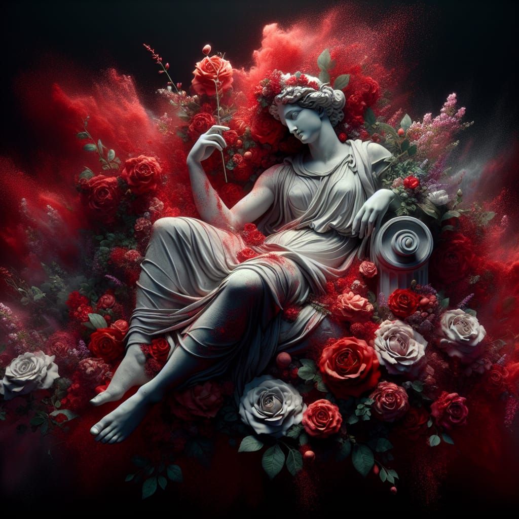 Michelangelo-inspired statue of Venus lounging. She is surrounded and ...