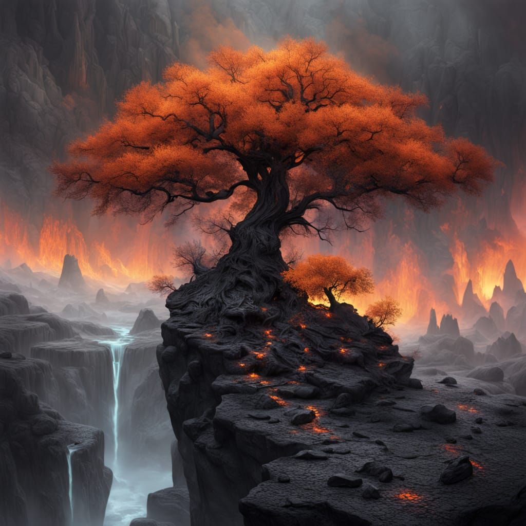 Biomechanical Tree Blooms on Obsidian Island in Dr... - AI Art