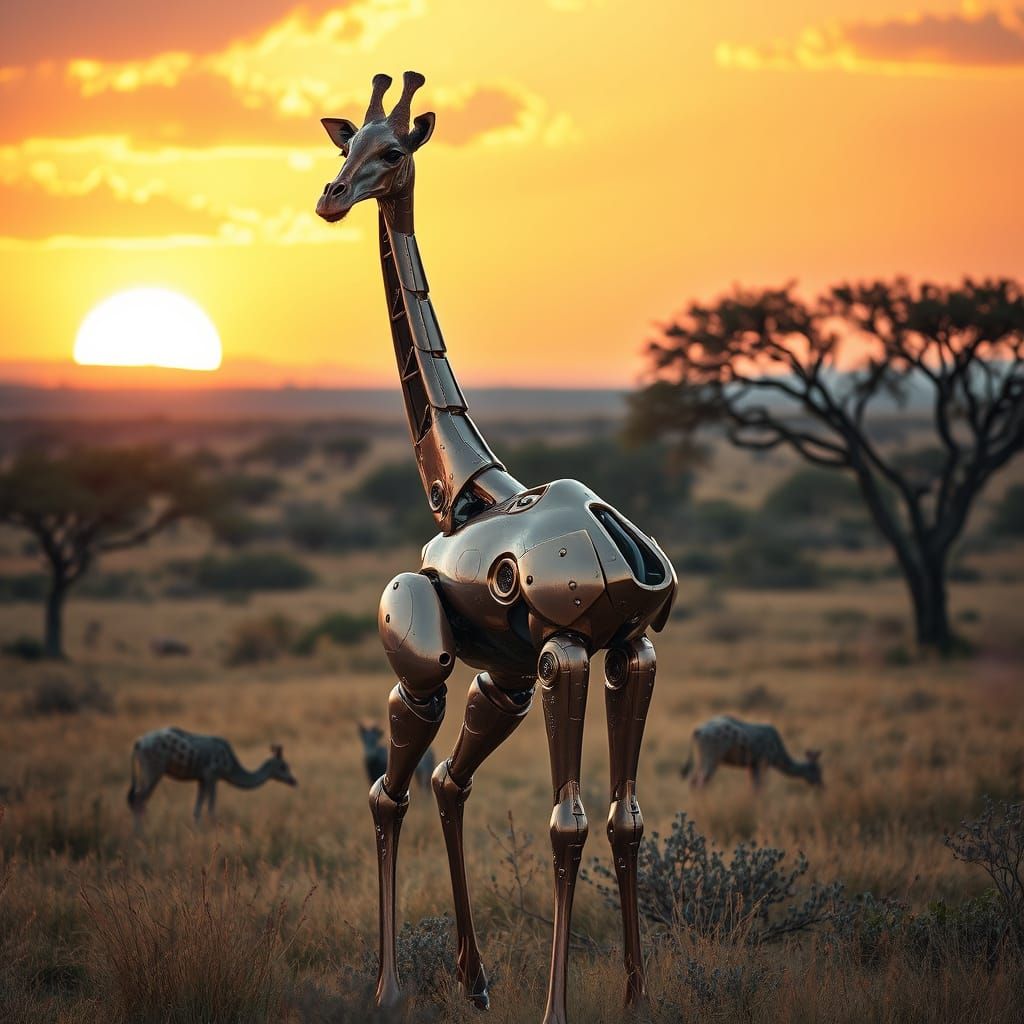 robot giraffe - Surreal Copper Giraffe Robot in Vibrant Sava...