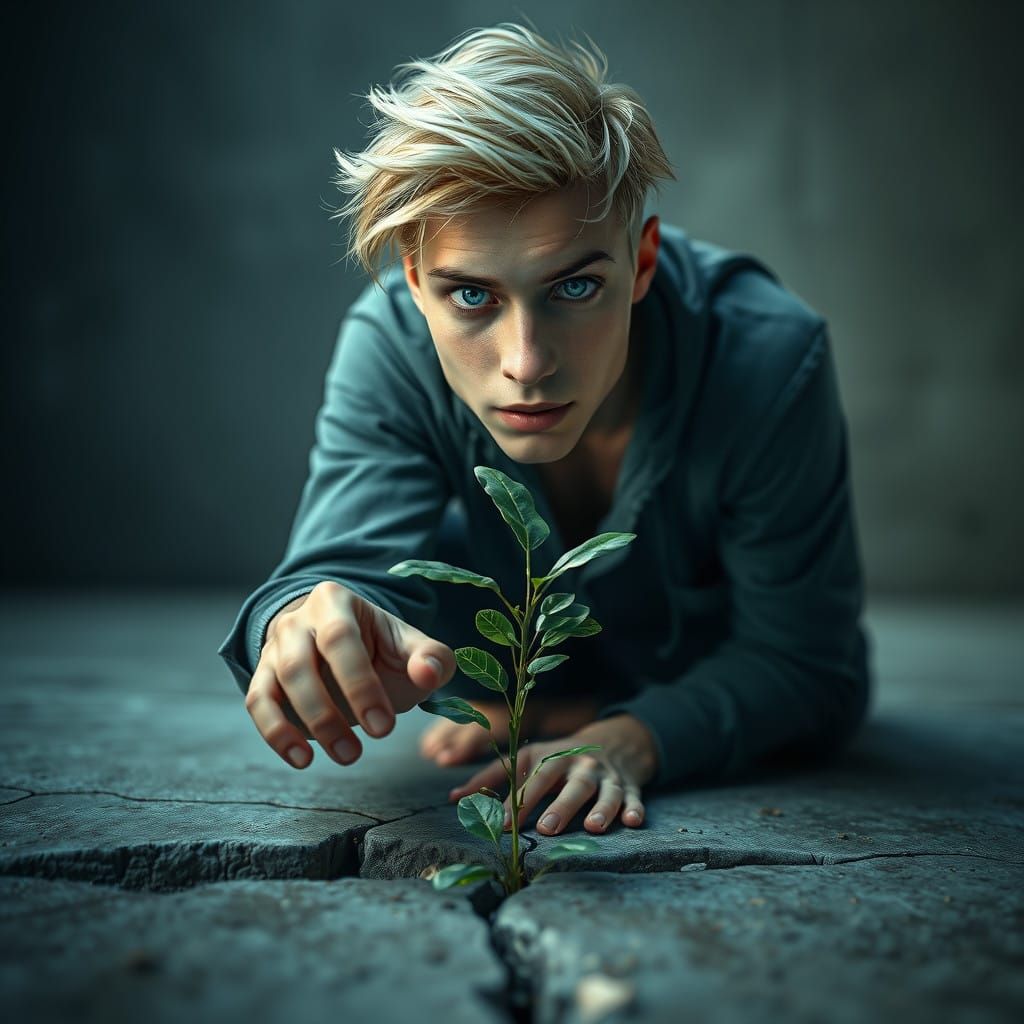 Ethereal Man Connects with Enchanted Concrete Bloo... - AI Art