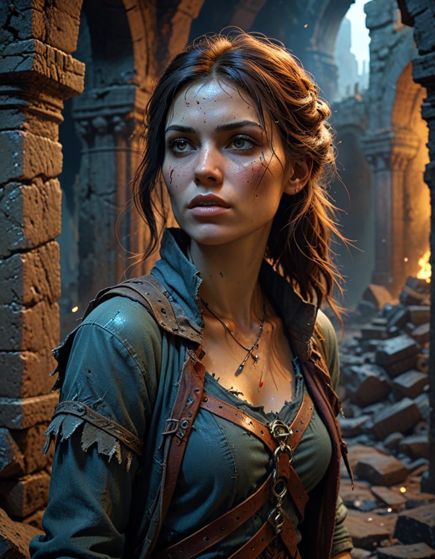 Dark Fantasy Maiden in Ruined Dungeon - AI Art