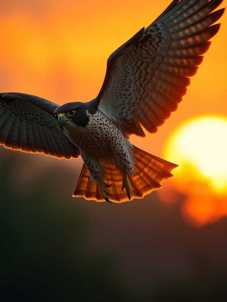 Falcon flying, Sunset, bokeh, 8k Cinematic film still, shot on v-raptor XL, film grain, vignette ...