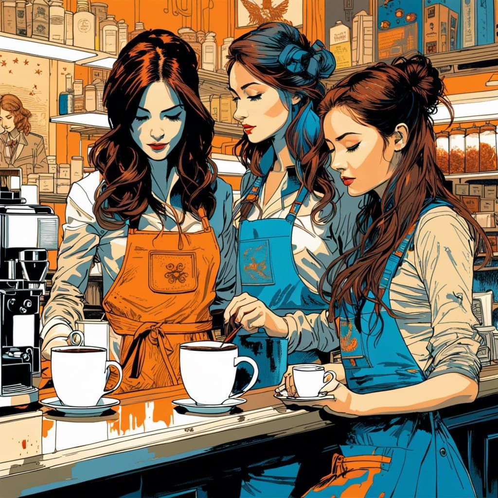 Three Beautiful Baristas Making Coffee - AI Generated Artwork ...
