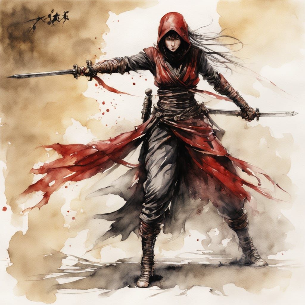 "full body action pose watercolor sketch by Luis Royo - female ninja soft belly: more_details ...