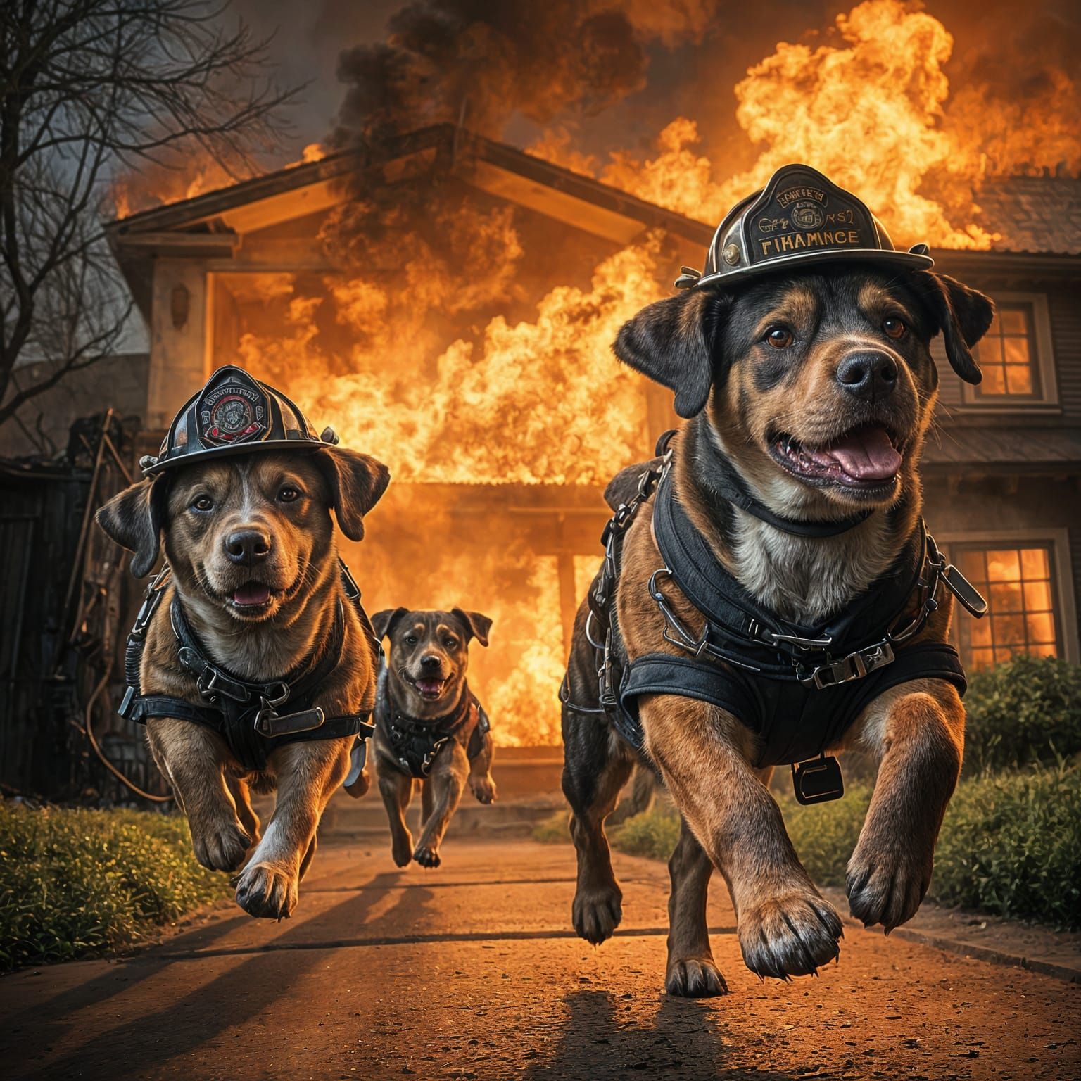 Firefighting dogs - Dogs in Firefighter Gear Rush to Burning...
